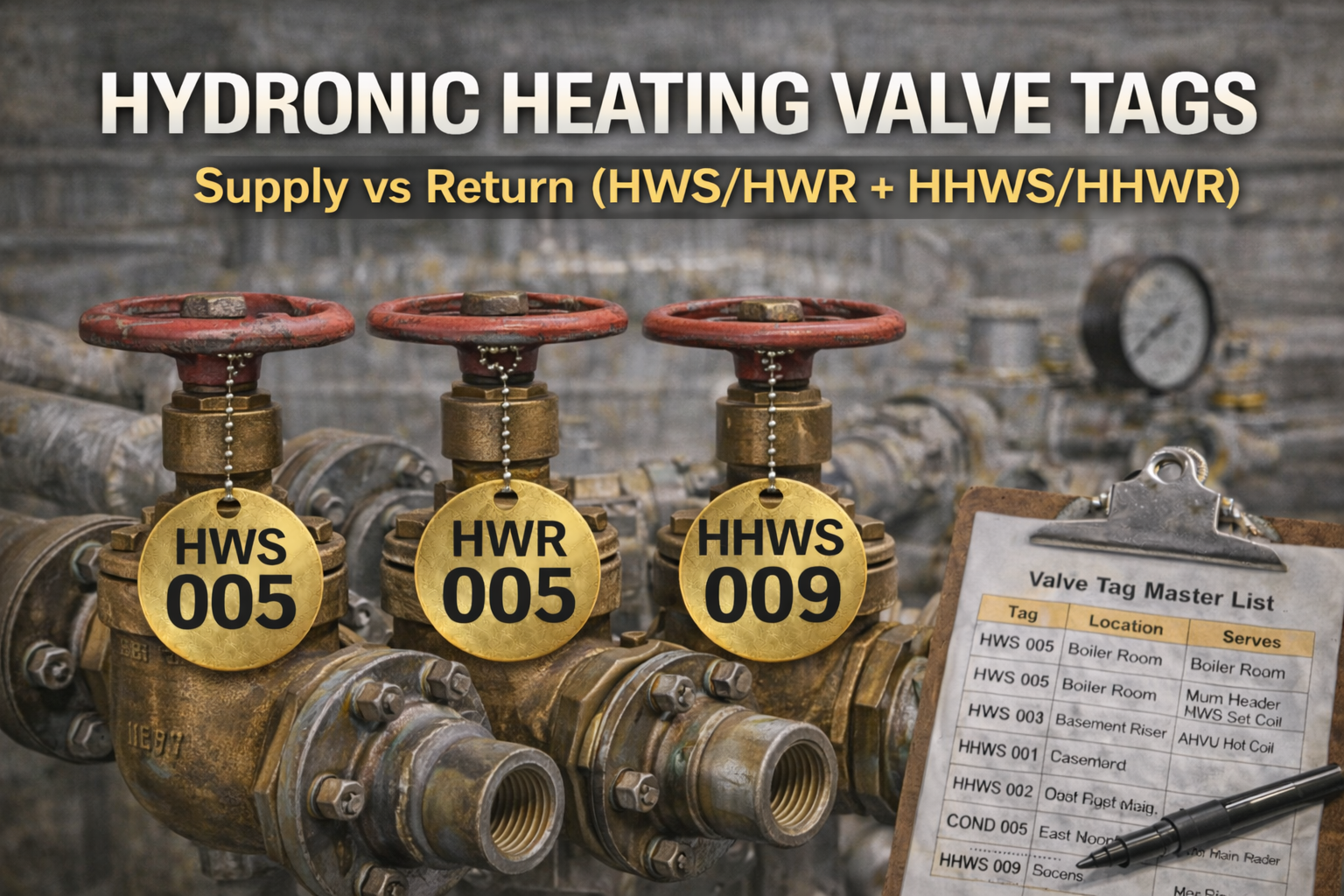 Hydronic Heating Valve Tags: Supply vs Return (HWS/HWR + HHWS/HHWR)